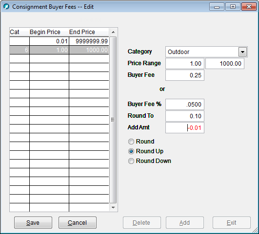 Consignment Buyer Fees window