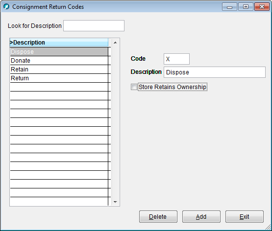 Consignment Return Codes window