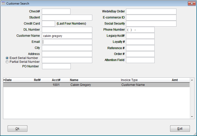 Customer Search window