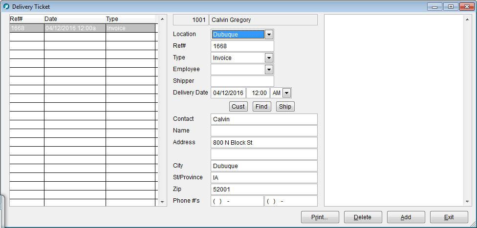 Add/Change Delivery Ticket window