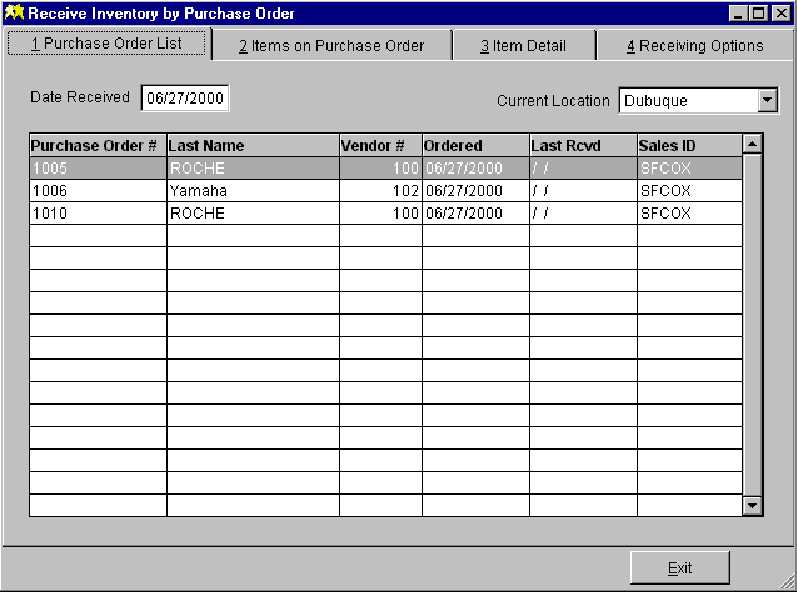 Purchase Order List tab - Receive Purchase Orders