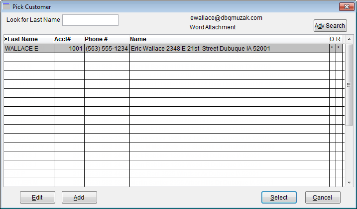 Pick Customer window