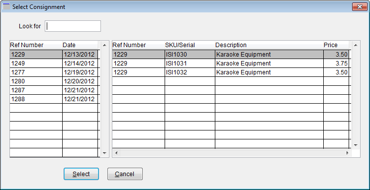 Select Consignment window