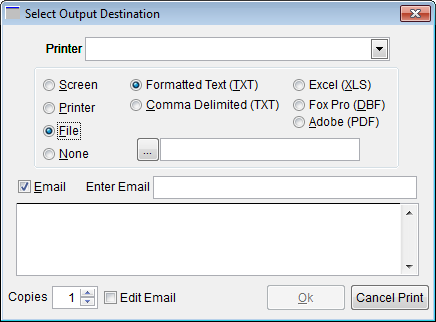 Select Output Destination window