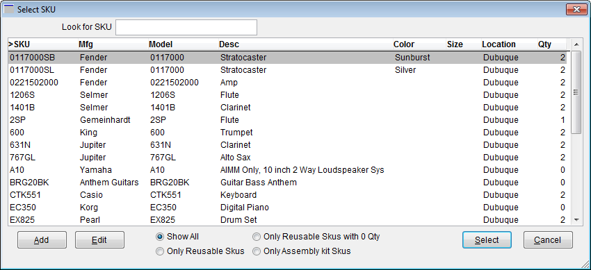 Select SKU window
