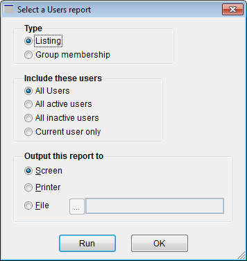 Select a Users report window