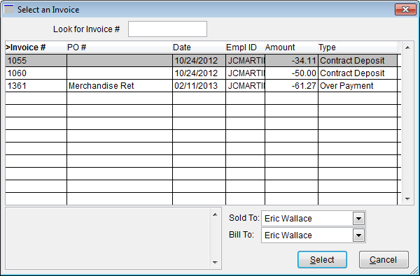 Select an Invoice window