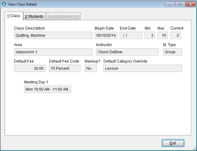 View Class Details window