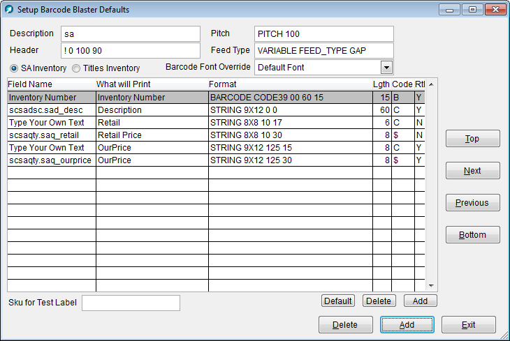 Setup Barcode Blaster Defaults window